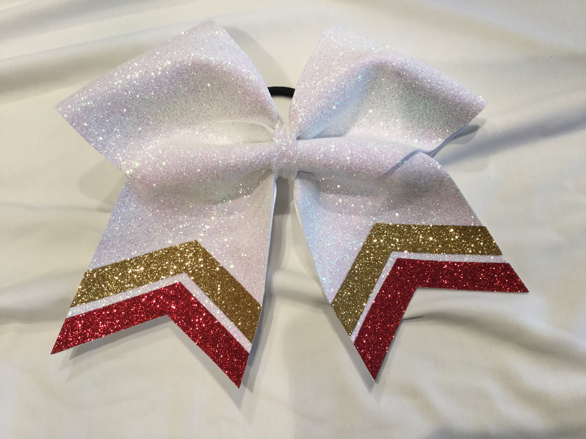 White Glitter Cheer Bows with Combination Tails – Brenda's Cheer Bows